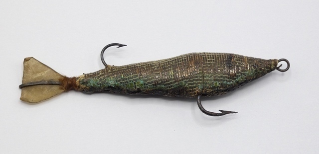 A rare early 19th Century Kill Devil 3 bait, the copper wire bound fish ...
